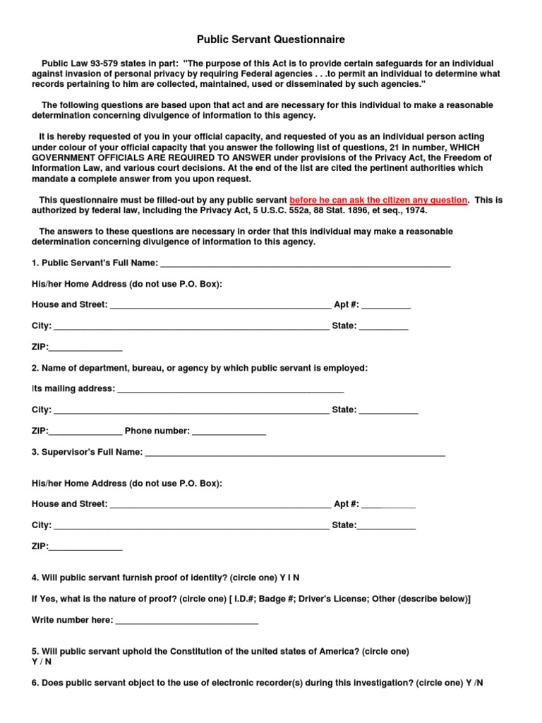 Public Servant Questionnaire: Before He Can Ask The Citizen Any ...