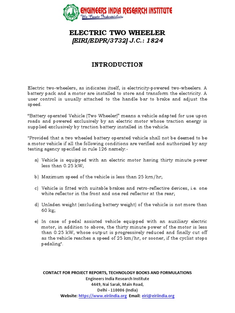 Project Report On Electric Two Wheeler Lithium Ion Battery Electric ...