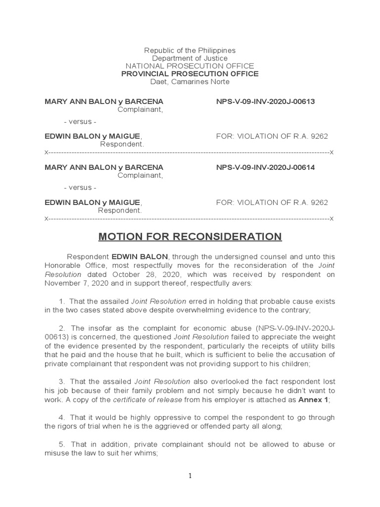 Motion For Reconsideration Balon | PDF | Prosecutor | Virtue