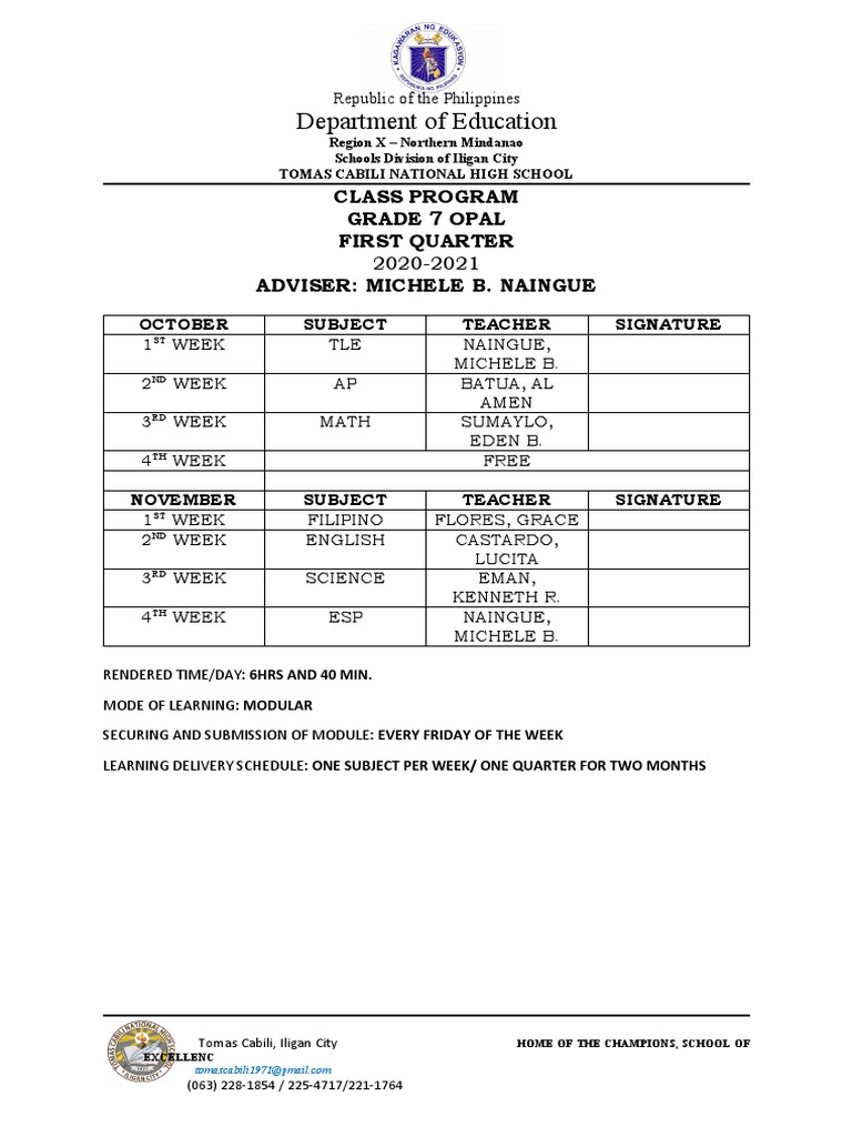 Grade 7 Opal Class Program 2020-2021 | PDF
