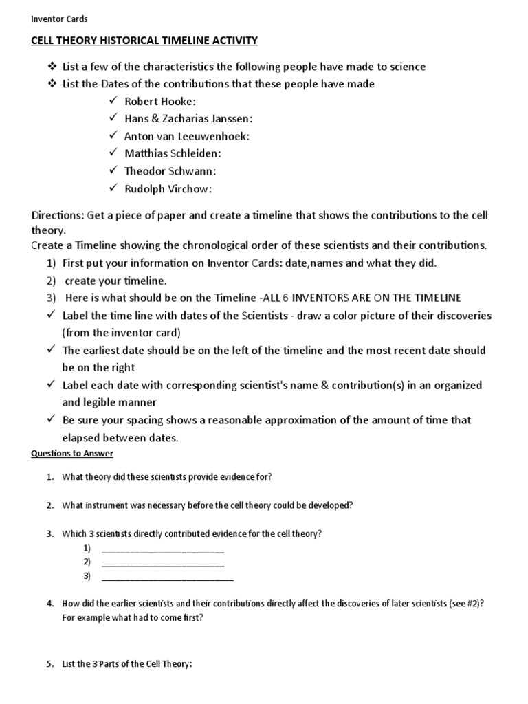 Cell Theory Historical Timeline Activity | PDF | Science | Biology