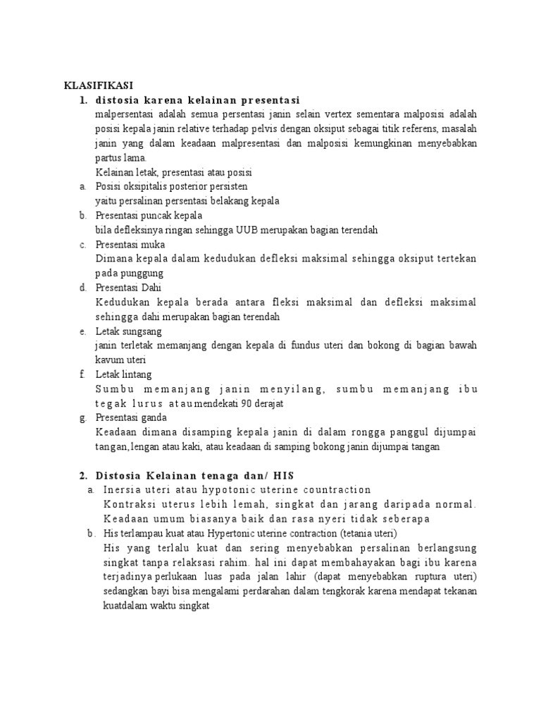 Klasifikasi, Etiologi, Pemeriksaan Penunjang Distosia | PDF | Sains ...