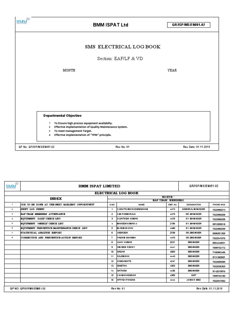 Sms Electrical Log Book BMM Ispat LTD PDF Transformer Electrical