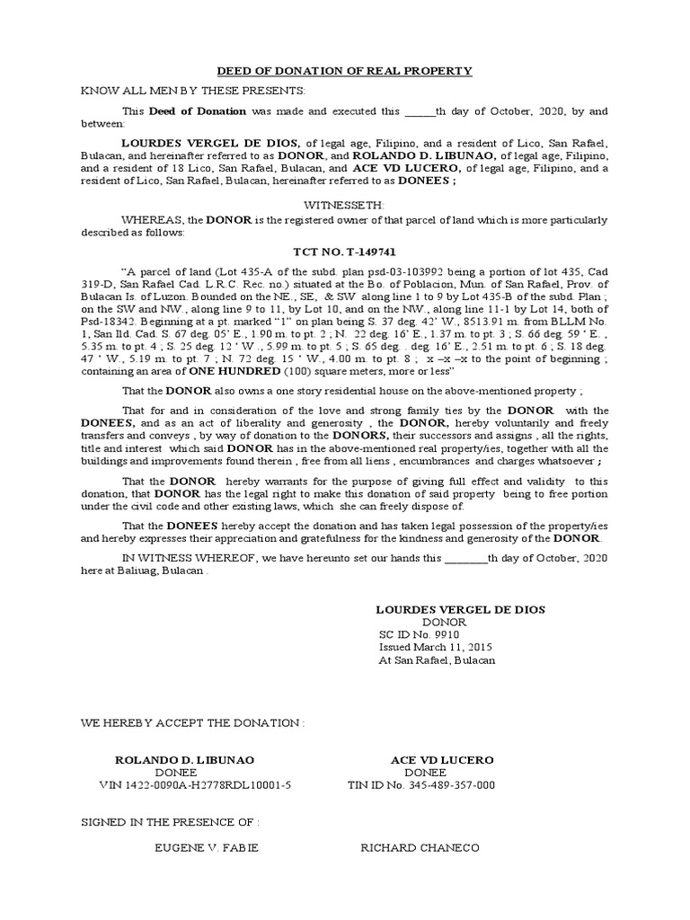 DEED OF DONATION OF Portion of REAL PROPERTY | PDF | Private Law ...