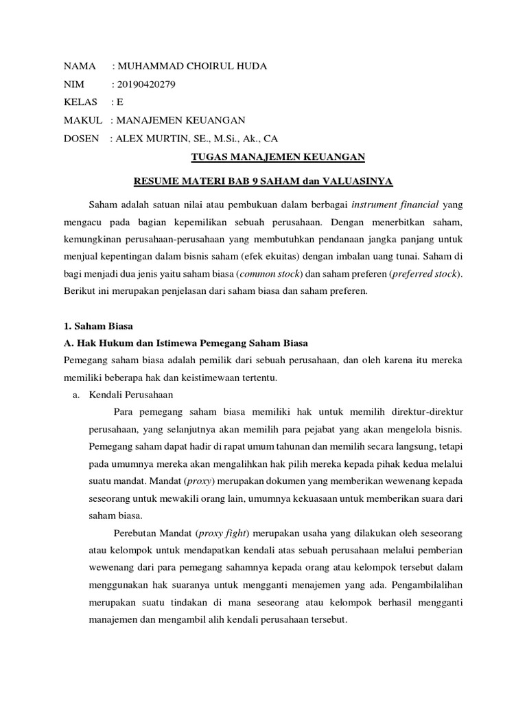 M.C.Huda - 20190420279 - Resume Saham Dan Valuasinya Pertemuan 15 MK ...