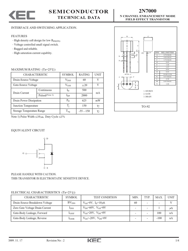 Semiconductor 2n7000 Technical Data Pdf Field Effect Transistor