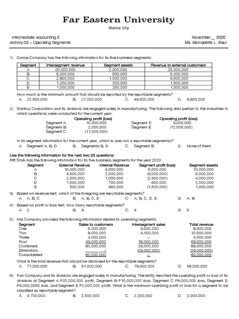 ACTIVITY 3 - Operating Segments PDF | PDF | Financial Statement | Revenue