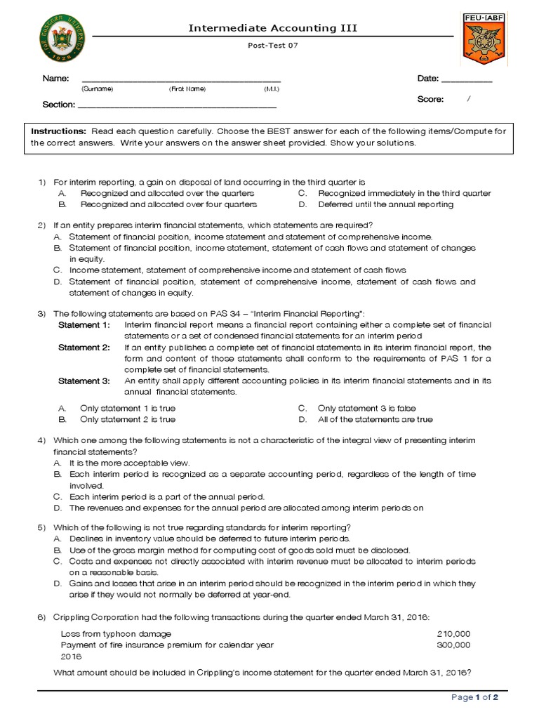 Interim Financial Reporting Test Questions | PDF | Financial Statement ...