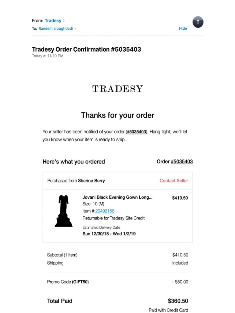 Tradesy: Thanks For Your Order | PDF