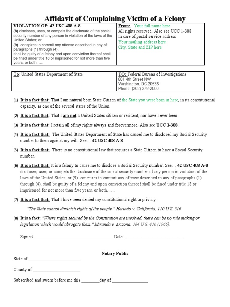 Affidavit of Complaining Victim of A Felony: Your Mailing Address Here ...