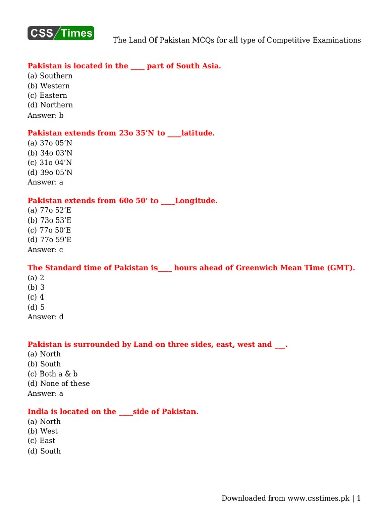 Pakistan Geography and General Knowledge MCQs | PDF