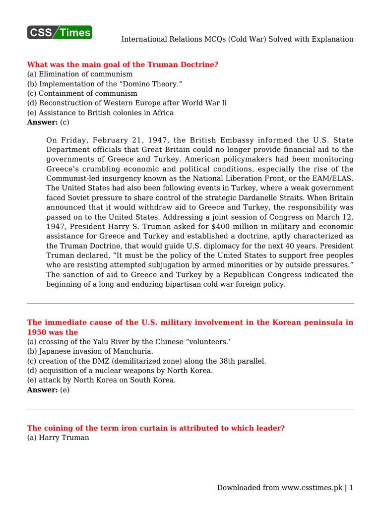 International Relations MCQs (Cold War) Solved With Explanation PDF ...