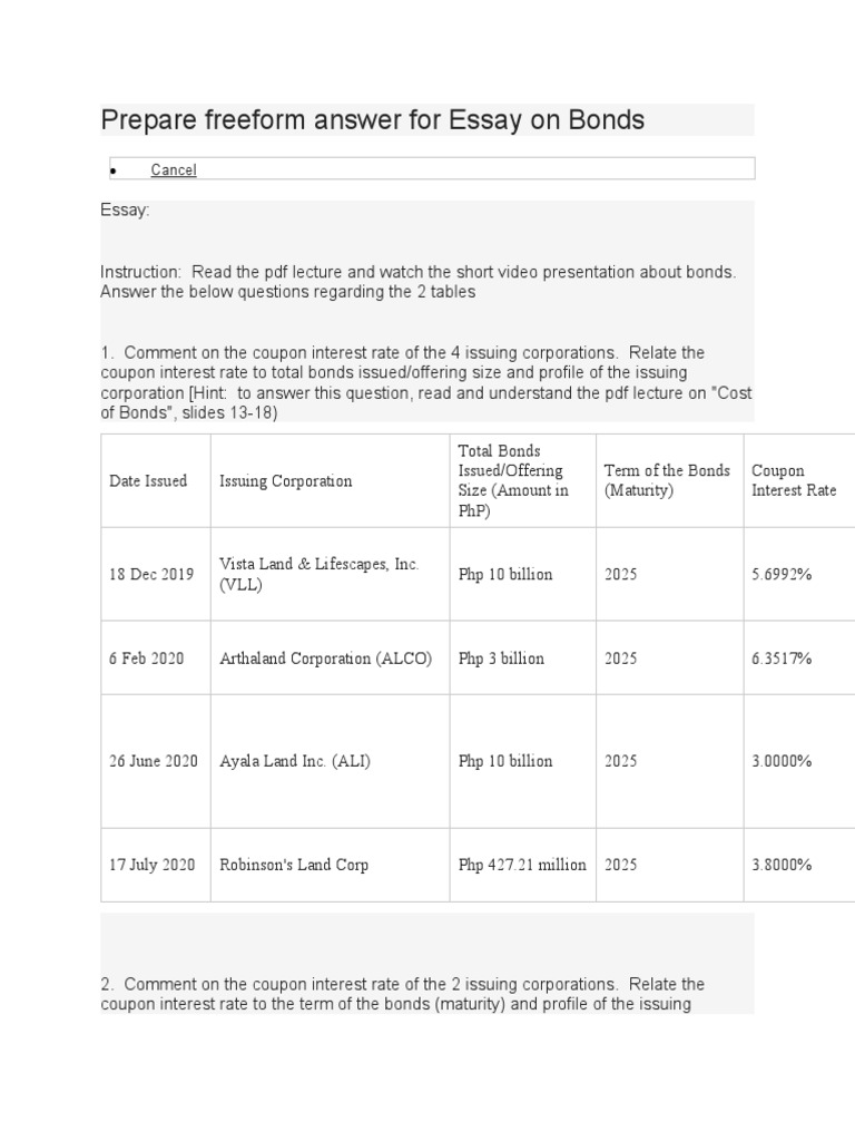 Prepare Freeform Answer For Essay On Bonds: Cancel | PDF