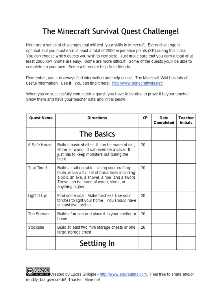 The Minecraft Survival Quest Challenge!: Quest Name Directions XP Date ...