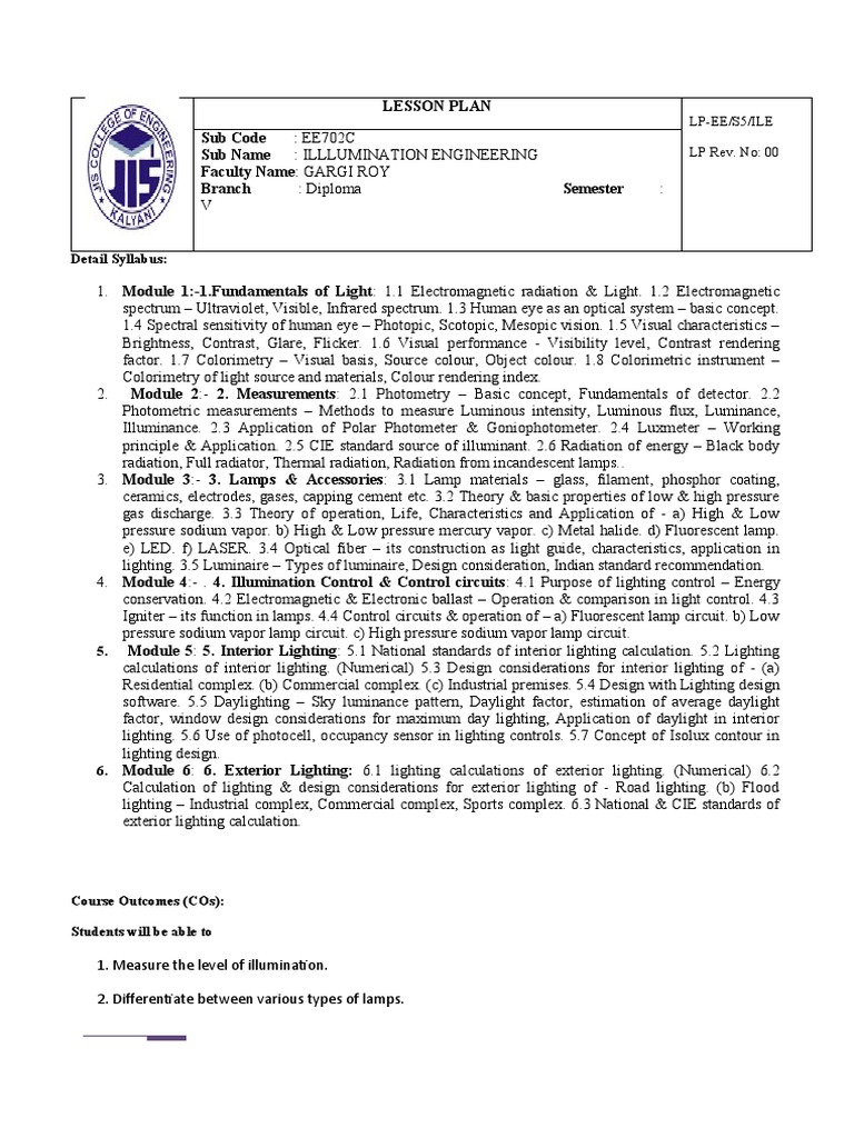 Lesson Plan-Diploma Illumination Engineering | PDF | Lighting | Light