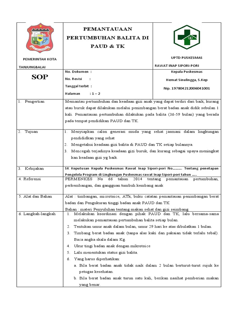 Sop Pemantauan Pertumbuhan Balita Di Paud TK | PDF | Pengembangan Diri | Kesehatan Holistik