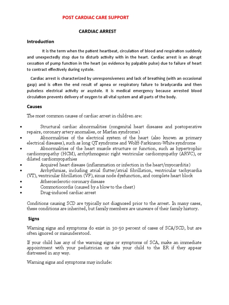 Cardiac Arrest: Post Cardiac Care Support | PDF