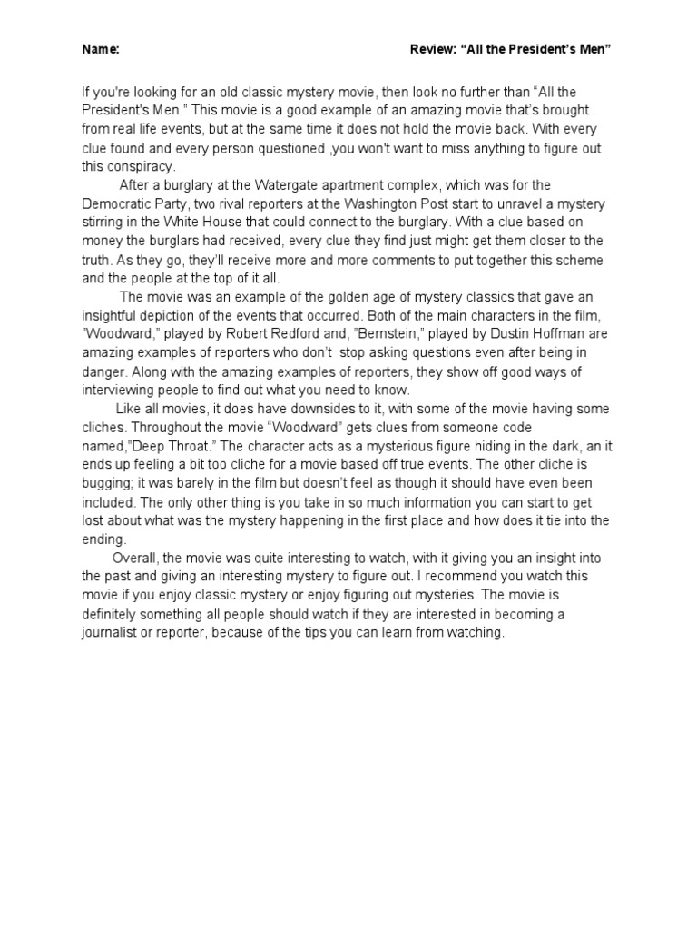 Name: Review: "All The President's Men" | PDF