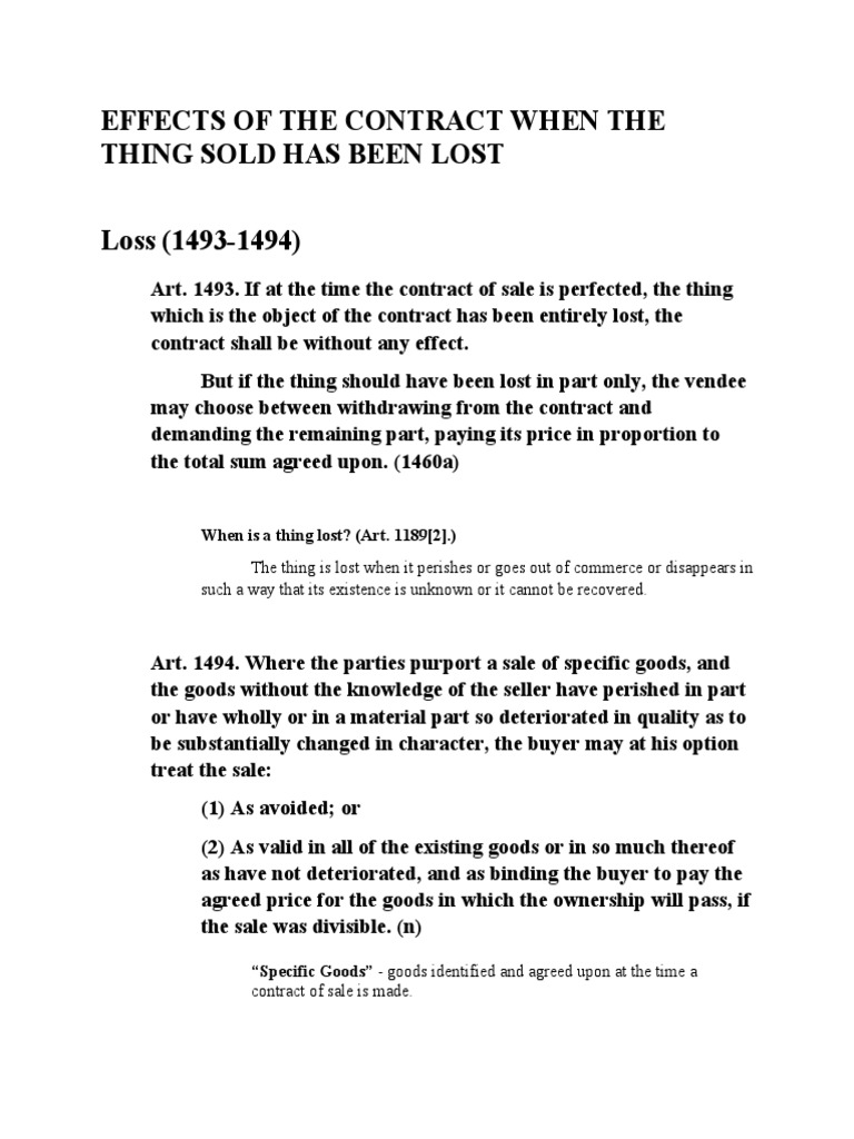 Effects of The Contract When The Thing Sold Has Been Lost Loss (1493 ...