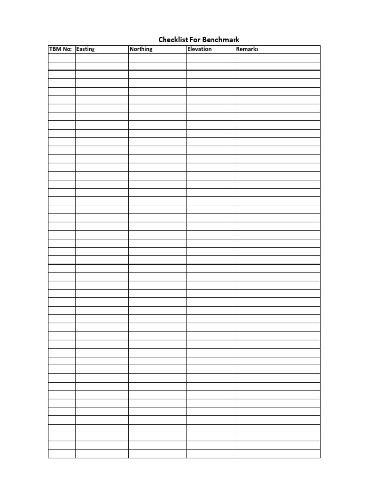Checklist For Benchmark: TBM No: Easting Northing Elevation Remarks | PDF