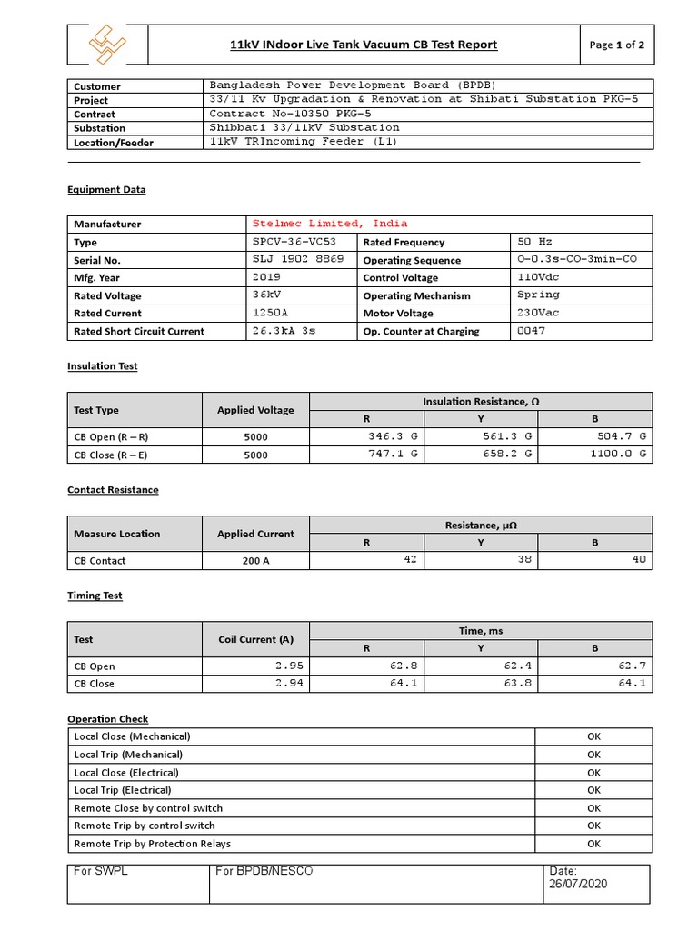 11Kv Indoor Live Tank Vacuum CB Test Report: Stelmec Limited, India ...
