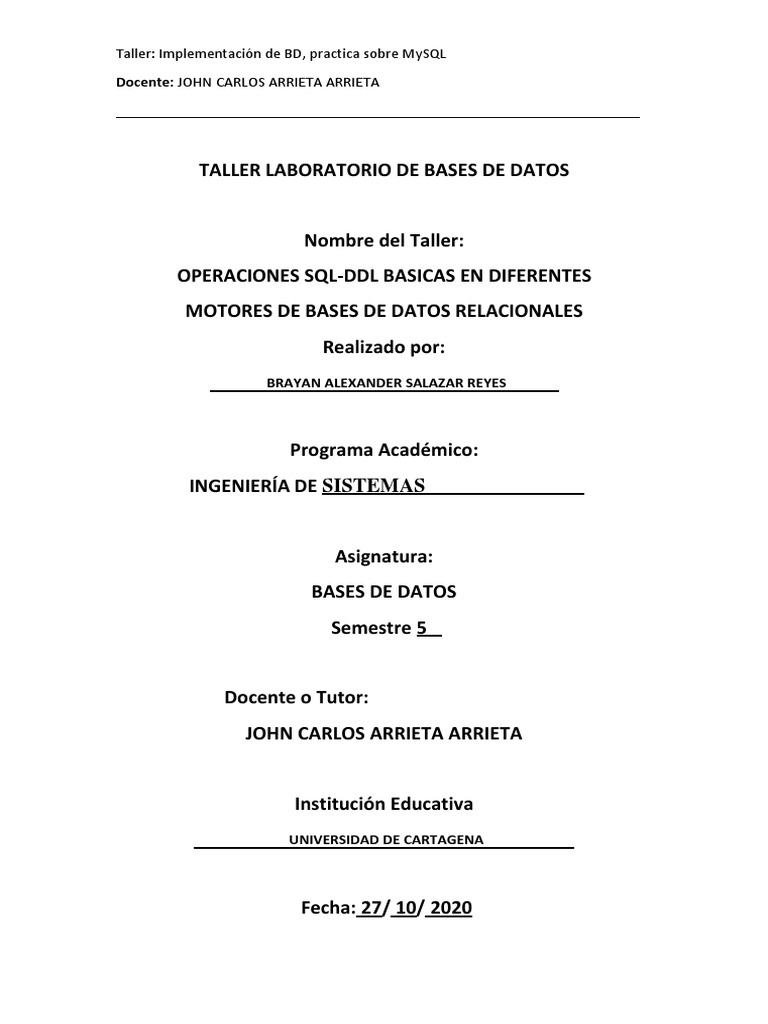 Taller Laboratorio de Bases de Datos - Mysql | Descargar gratis PDF | SQL | Interfaz de línea de ...