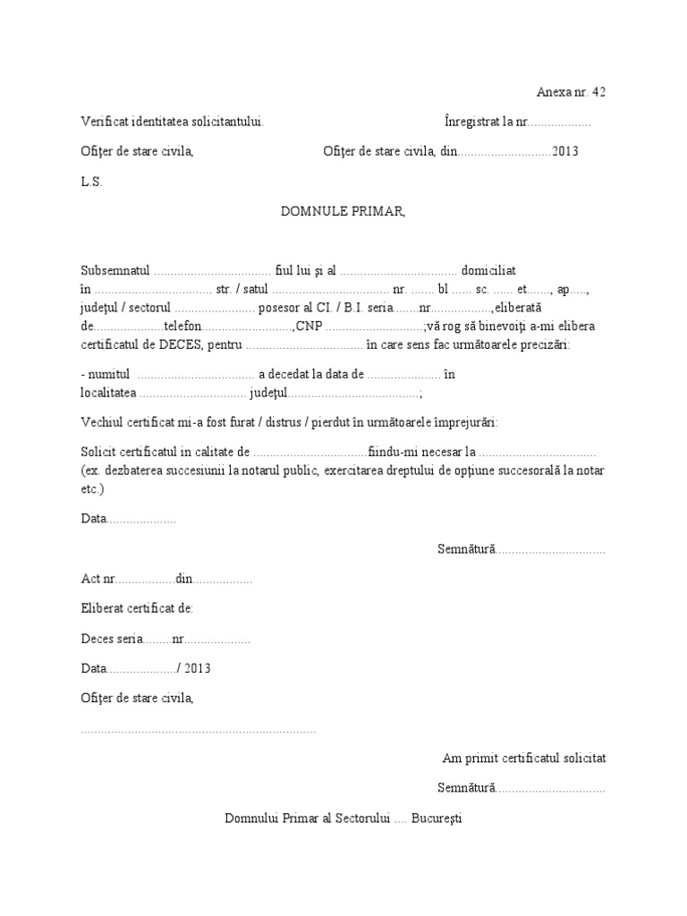 Cerere Eliberare Duplicat Certificat Deces Primarie | PDF