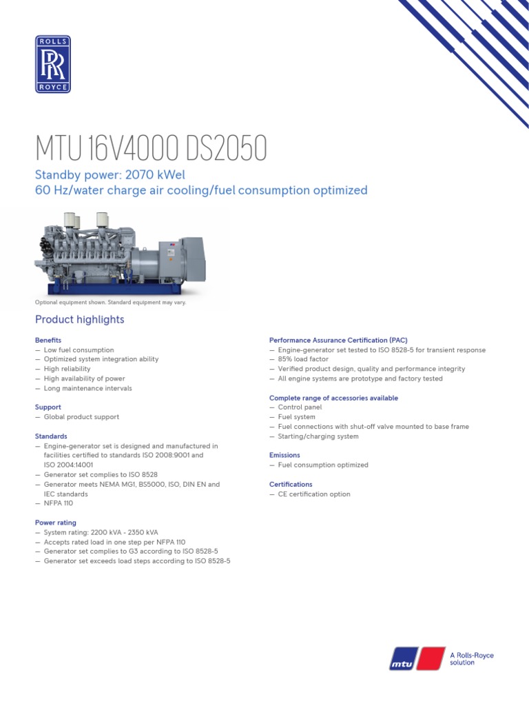 Mtu 16V4000 Ds2050: Standby Power: 2070 Kwel 60 Hz/Water Charge Air ...