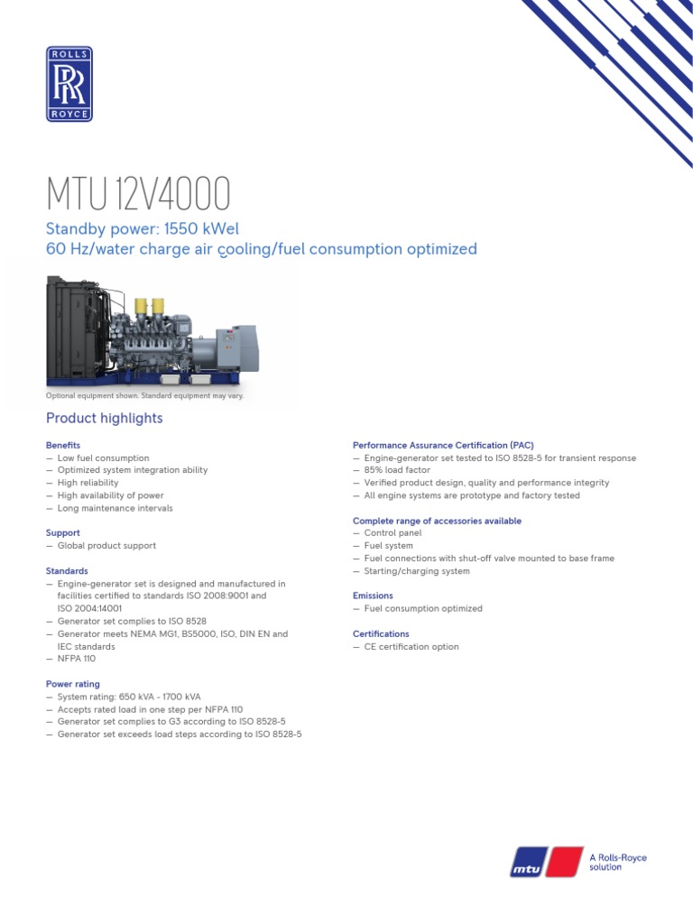 Mtu 12V4000: Standby Power: 1550 Kwel 60 Hz/Water Charge Air Cooling ...