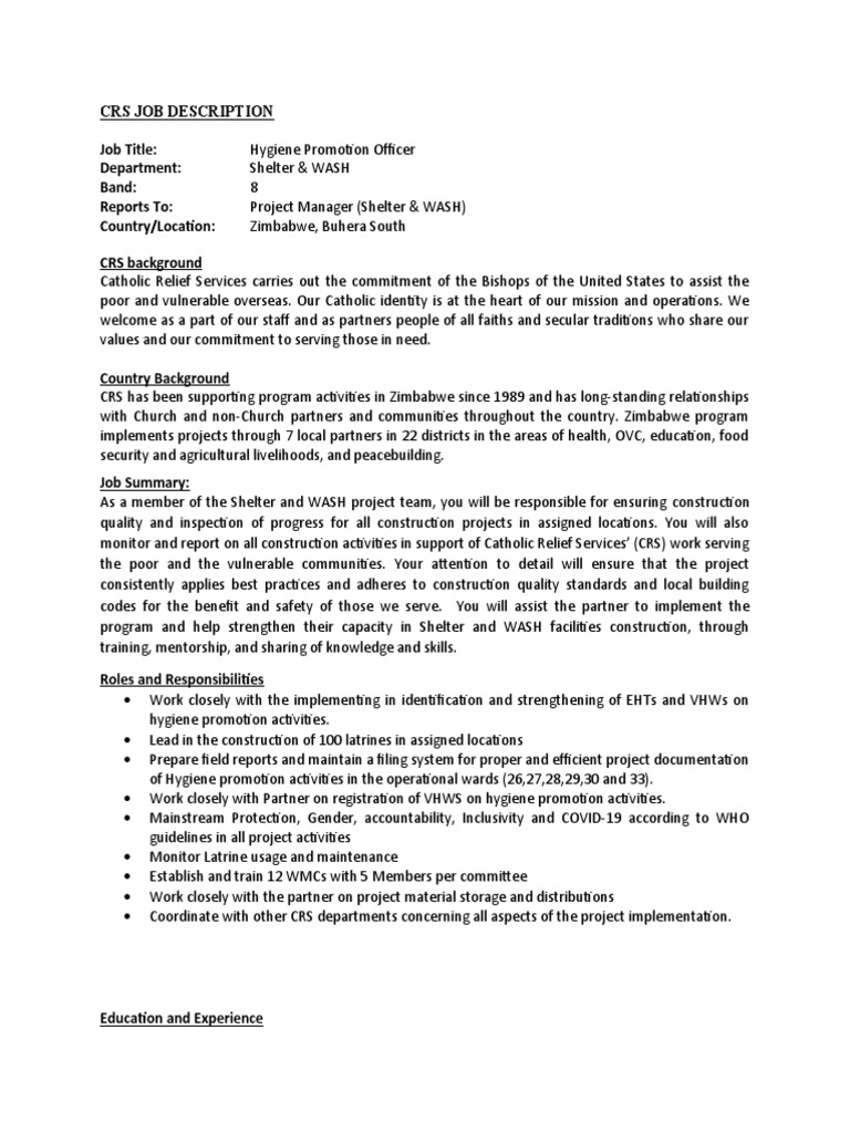 Hygiene Promotion Officer Job Description | PDF | Business