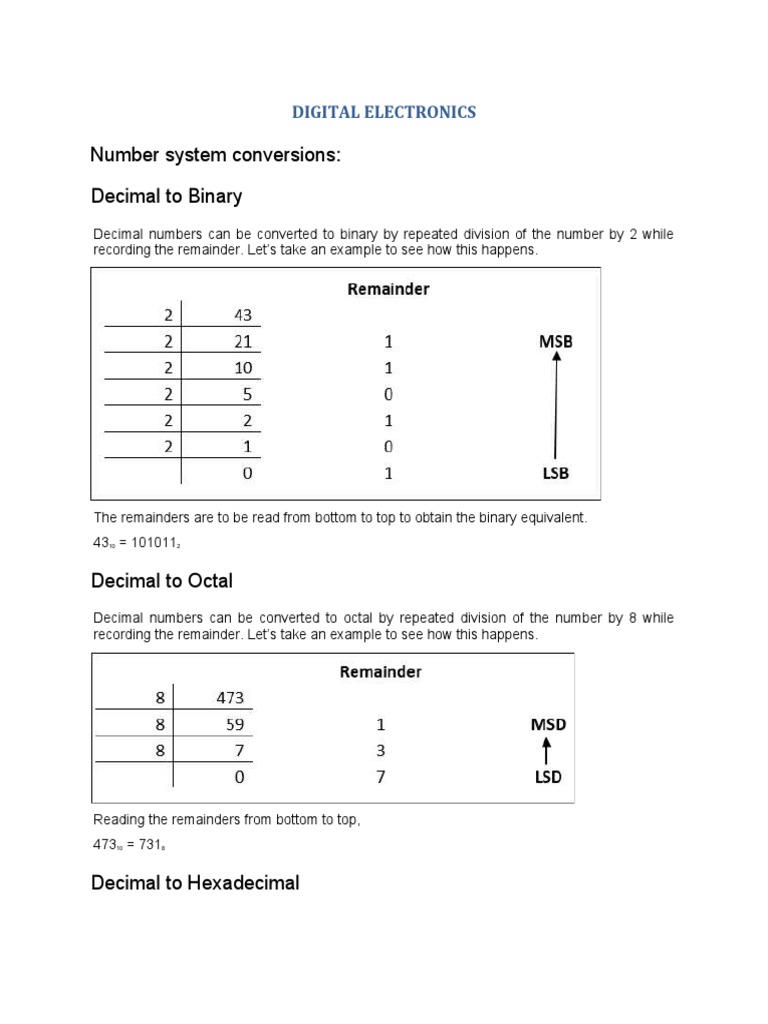 Number System Conversions: Decimal To Binary: Digital Electronics | PDF ...