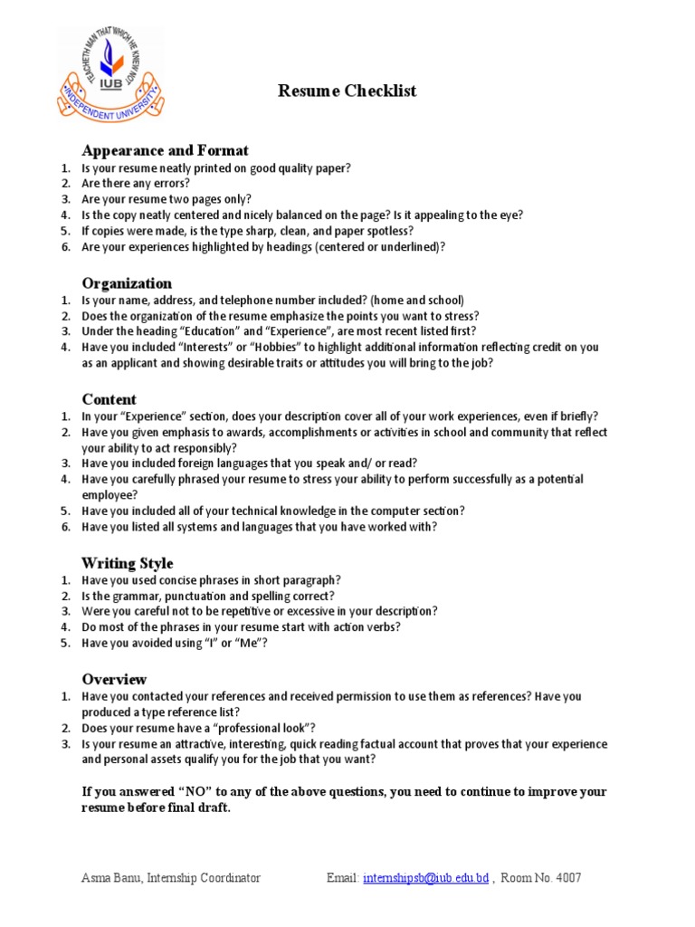 Resume Checklist: Appearance and Format | PDF