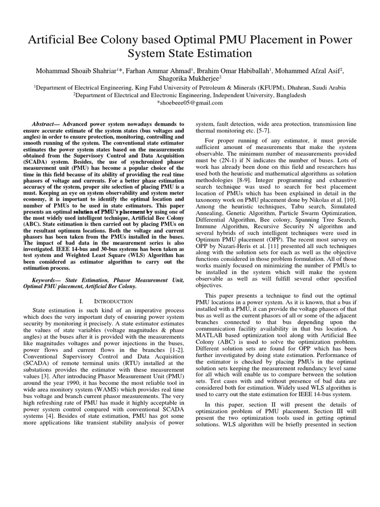 Artificial Bee Colony Based Optimal PMU Placement in Power System State Estimation PDF | PDF ...