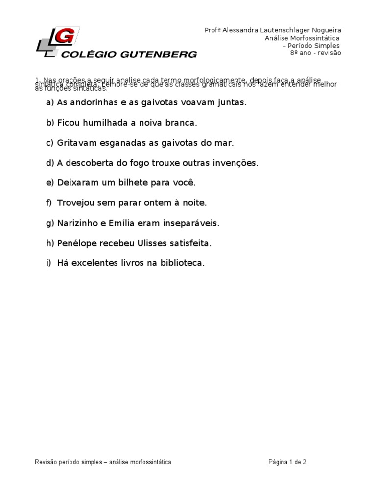 Exercícios de Análise Morfossintática - Período Simples | PDF | Assunto ...