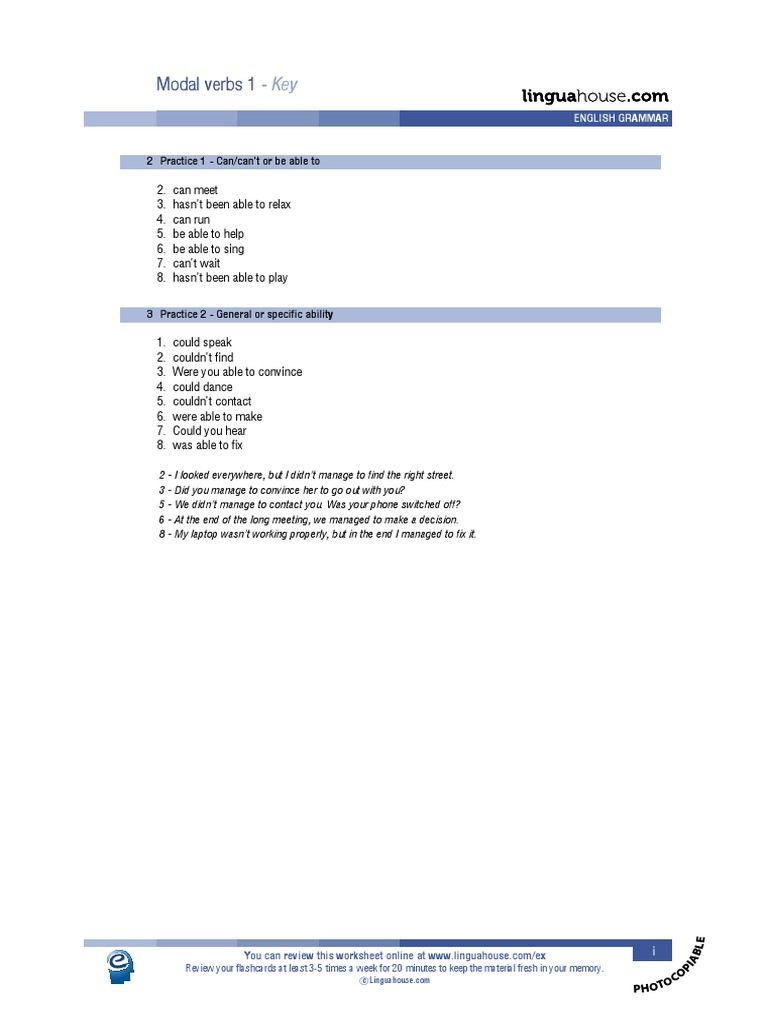 Modal Verbs - Ability Key | PDF