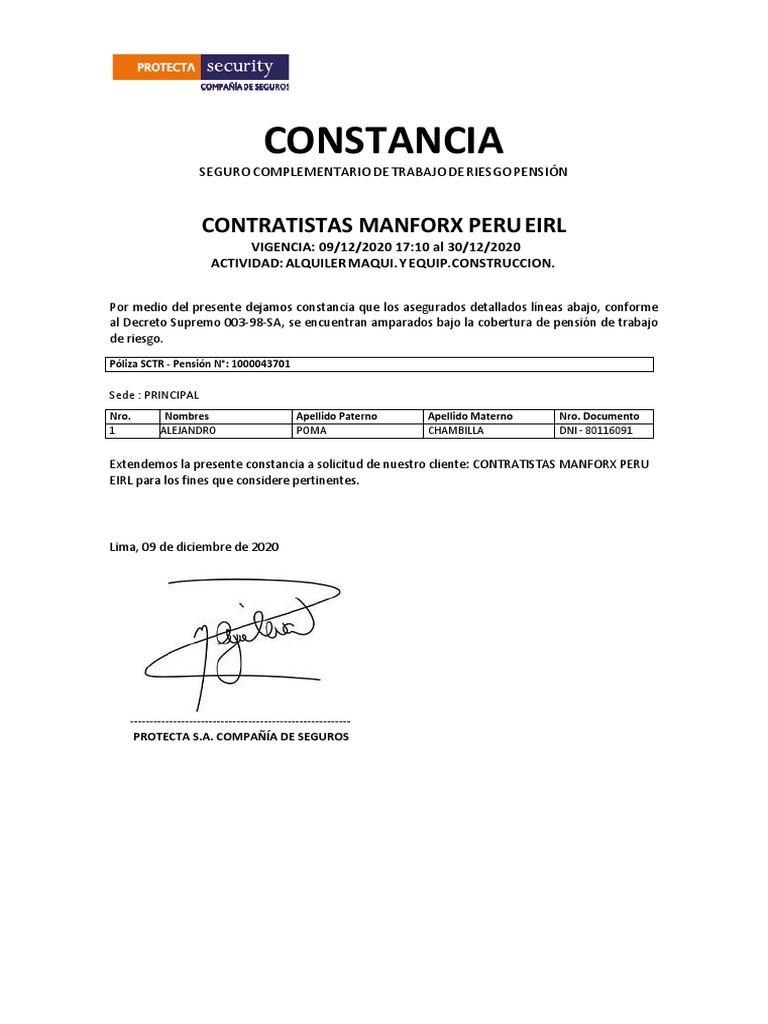 Constancia SCTR - Pension - Alejandro Poma Chambilla | PDF