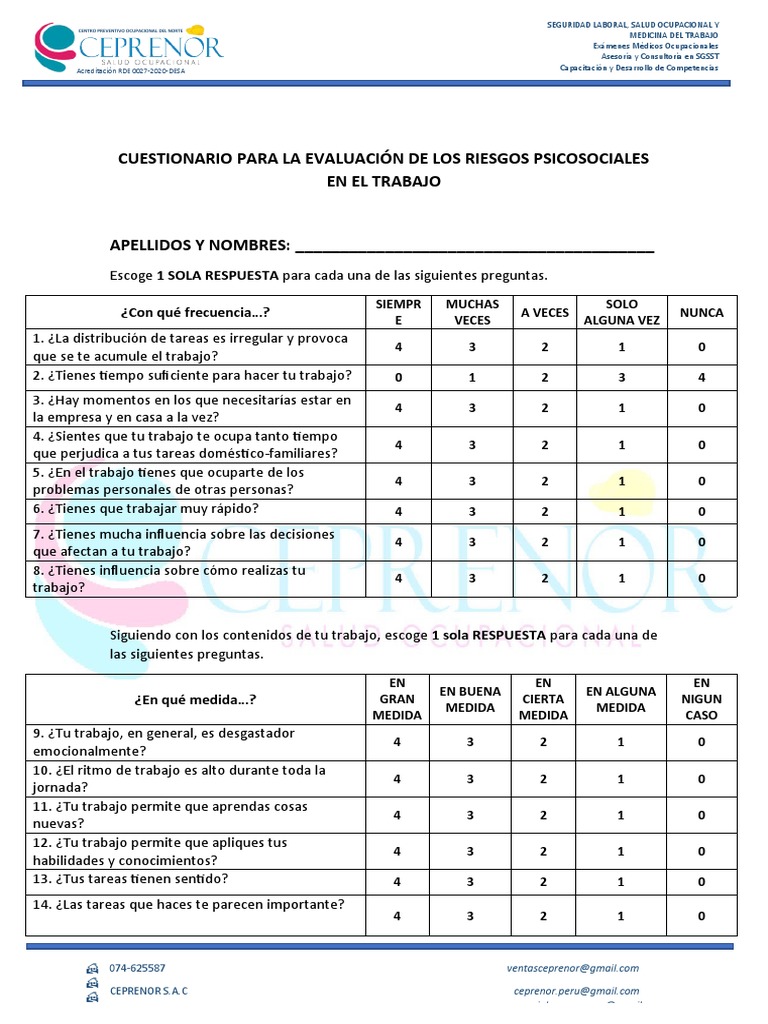 Cuestionario para La Evaluación de Los Riesgos Psicosociales en El Trabajo | PDF | Seguridad y ...