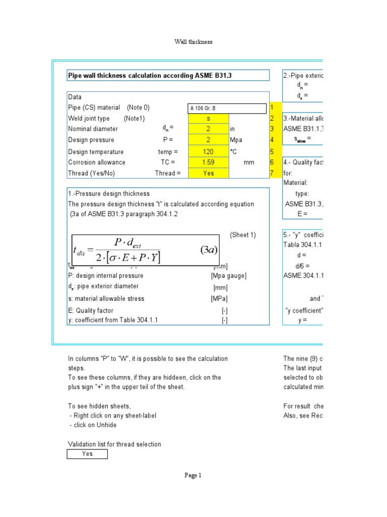 Pipes. Wall Thickness Calculation According ASME B31.3.ods | Download ...