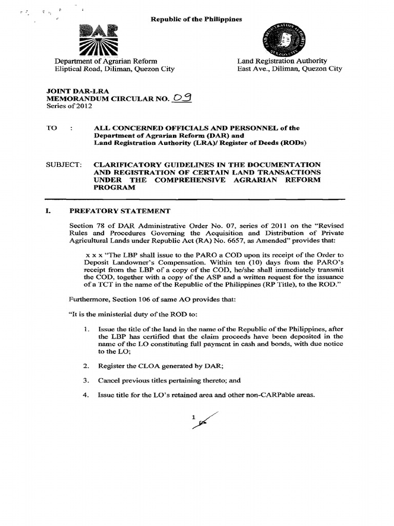 Joint DAR-LRA Memorandum Circular Clarifies Land Transaction Docs | PDF ...