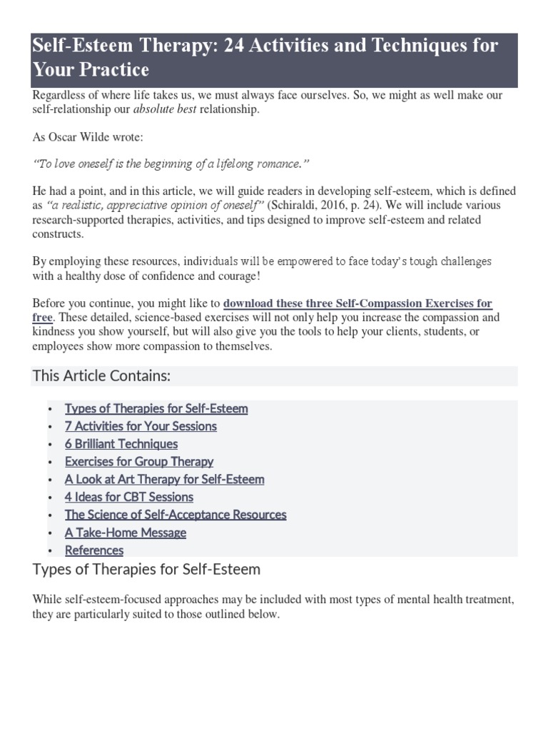 Self-Esteem Therapy: 24 Activities and Techniques For Your Practice ...