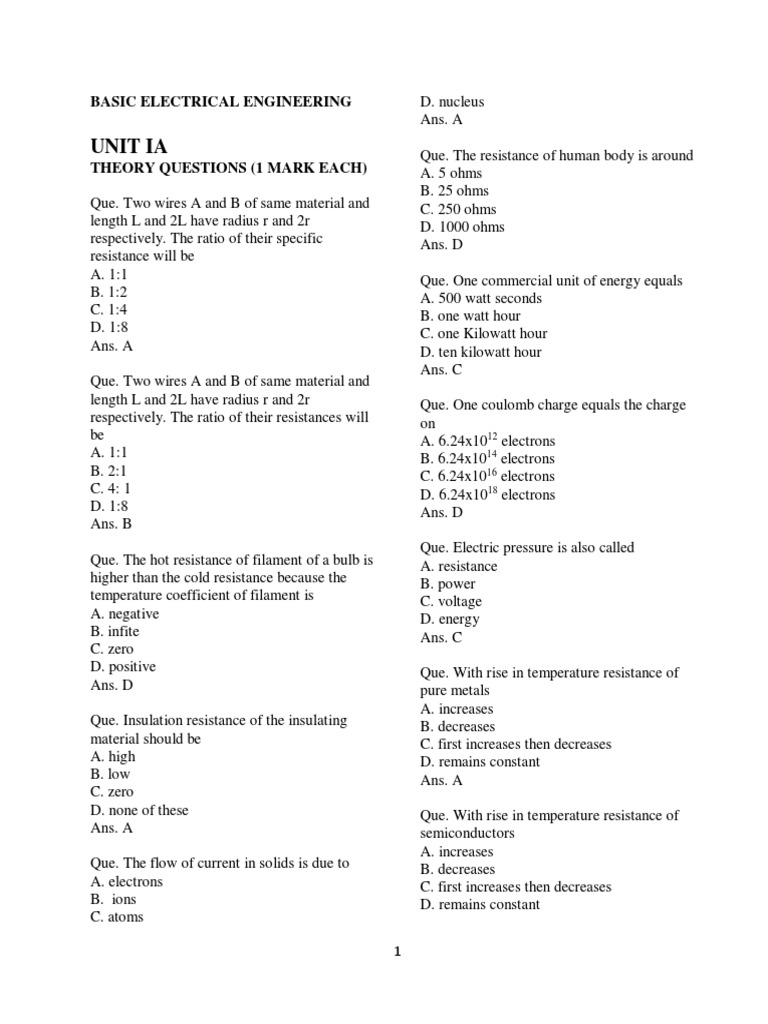 SCOE - BEE - Unit 1 To 4MCQ - Bank | PDF | Electrical Resistivity And Conductivity | Electrical ...