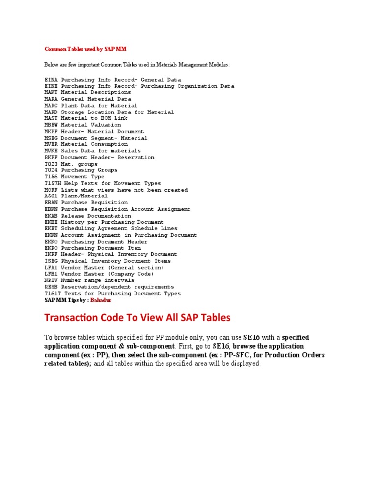 Key SAP MM Tables Overview | PDF | Inventory | Data