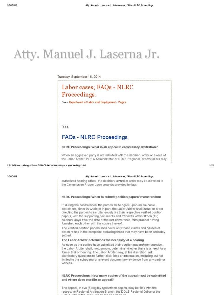 Atty. Manuel J. Laserna Jr. - Labor Cases FAQs - NLRC Proceedings | PDF | Arbitration | Strike ...