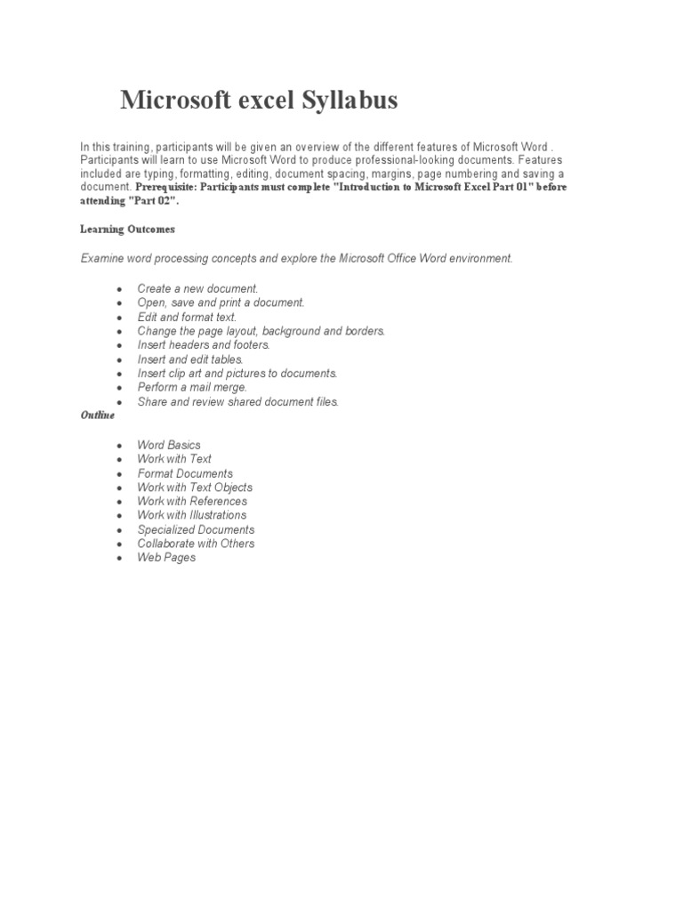 Microsoft Excel Syllabus: Attending "Part 02". Learning Outcomes | PDF