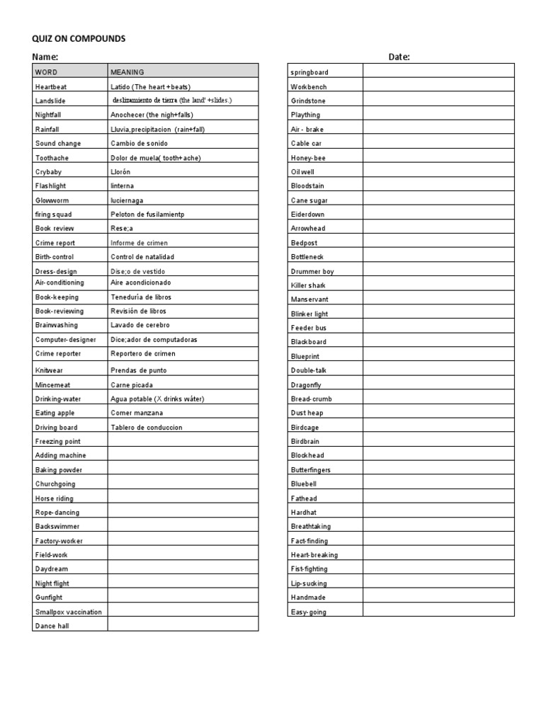 Compounds Vocabulary List Ss 2 ............ | PDF | Nature