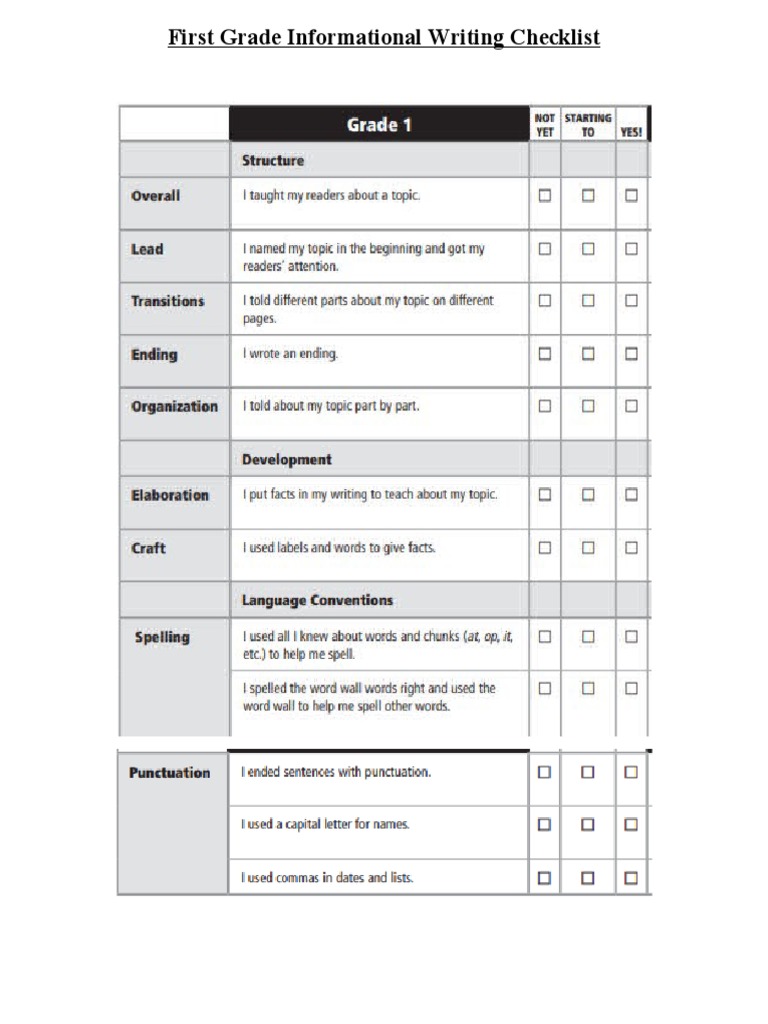 First Grade Informational Writing Checklist | PDF