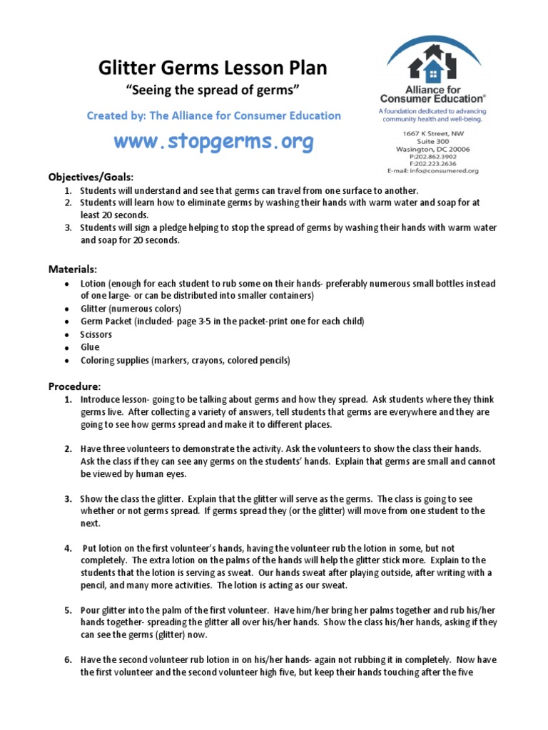 Glitter Germs Lesson Plan: "Seeing The Spread of Germs" | PDF | Hand ...