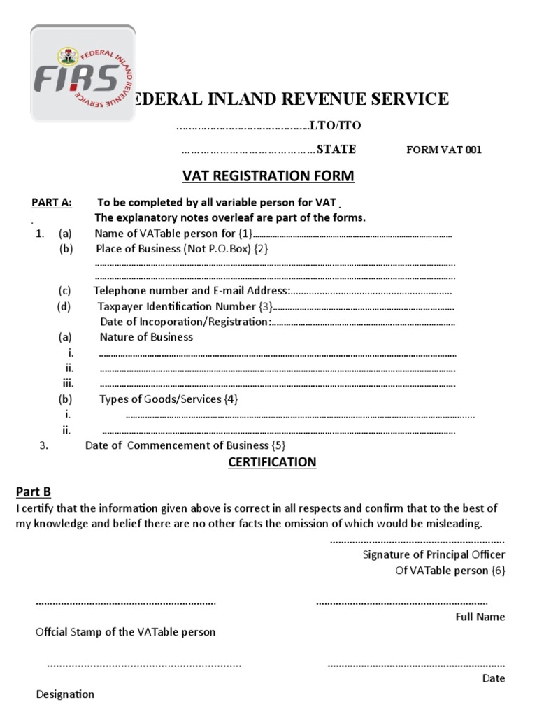 Federal Inland Revenue Service: Vat Registration Form | PDF ...