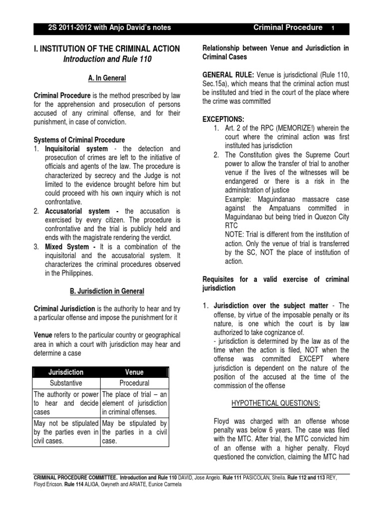 Crim Pro Reviewer - Jurisdiction of Courts, Rule 110 PDF | PDF ...