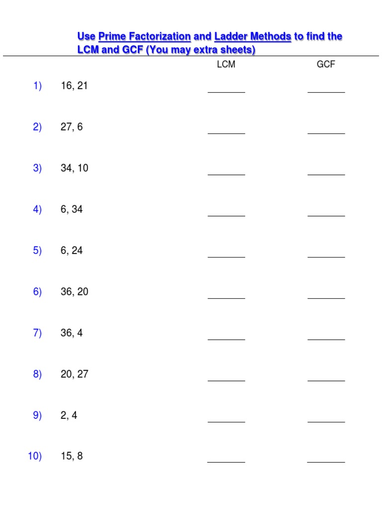 LCM - GCF Worksheet 1 | PDF